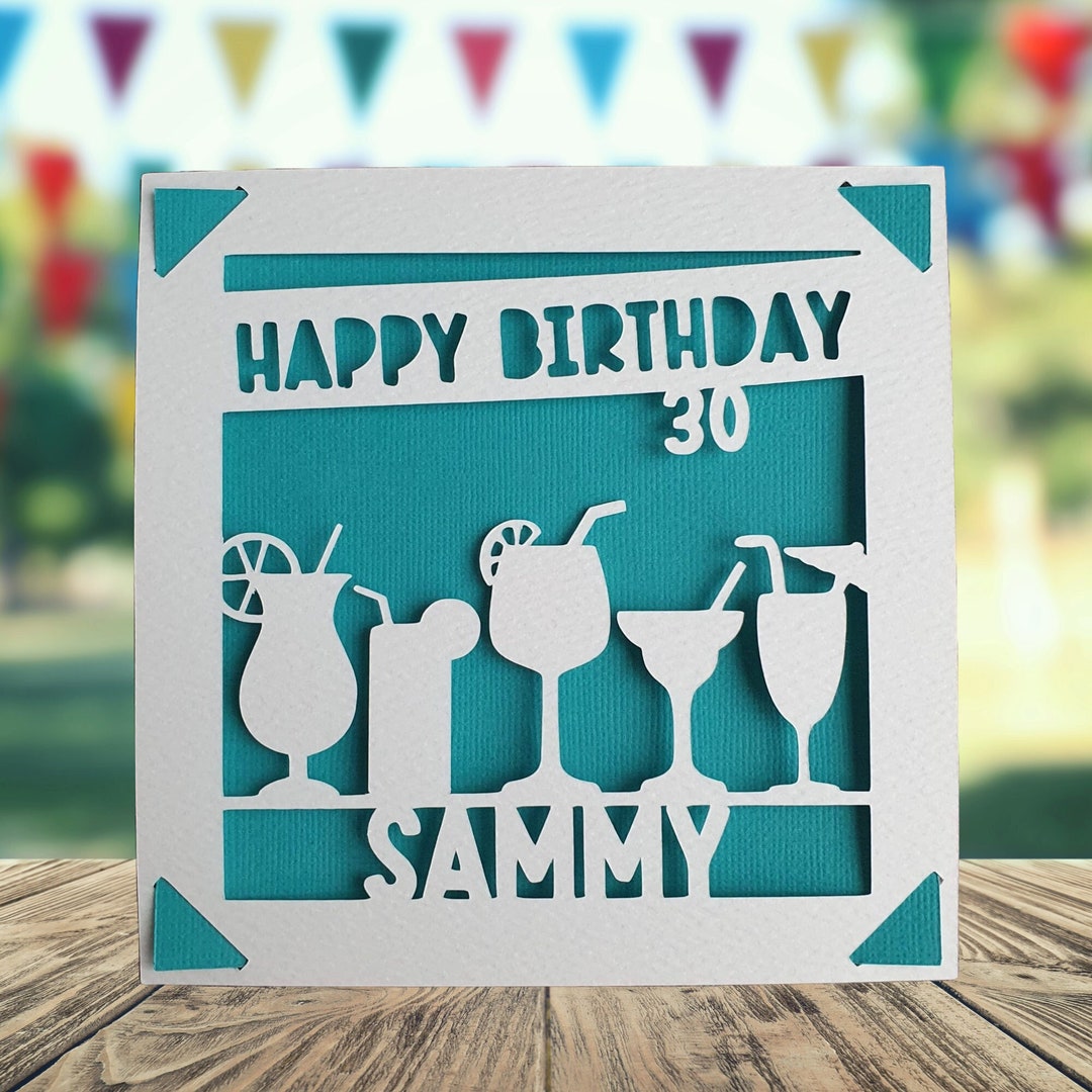 Cocktail Happy Birthday Personalised Papercut Card, Happy Birthday Card ...
