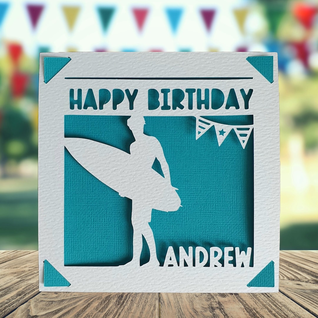 Surfing Happy Birthday Personalised Papercut Card, Happy Birthday Card ...