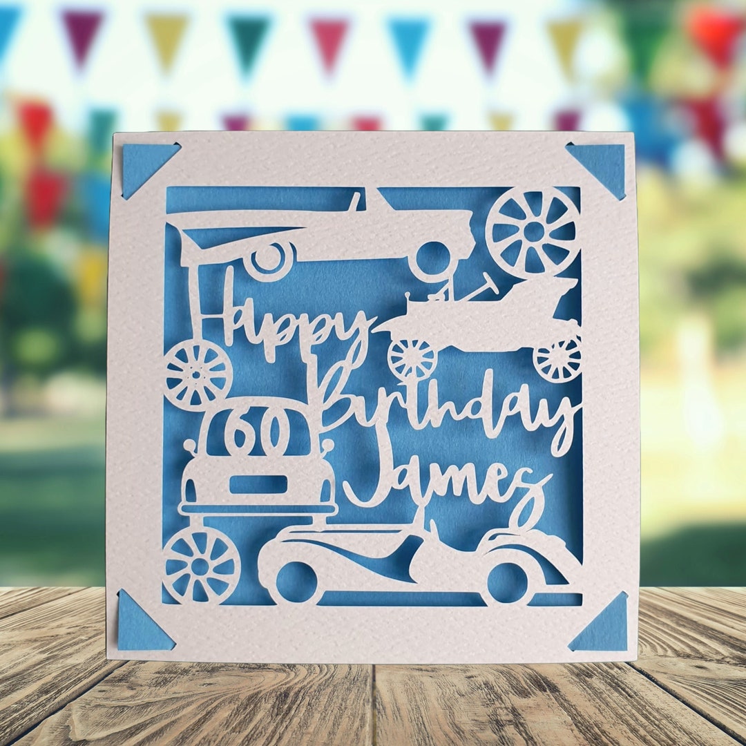 Cars Happy Birthday Personalised Papercut Card, Vintage Cars Happy ...