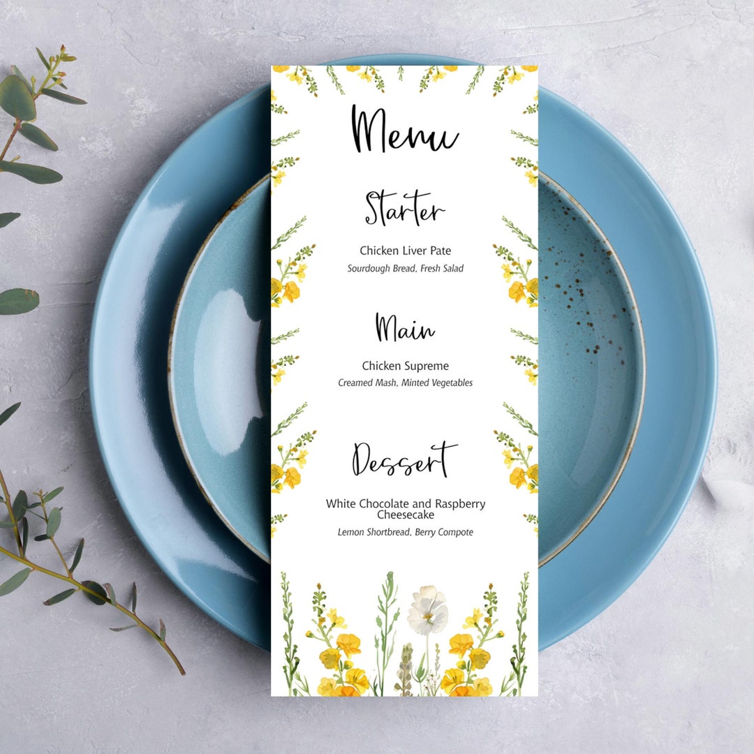 Wild Flowers Menu, Personalised Wedding Decorations, Yellow Floral on ...