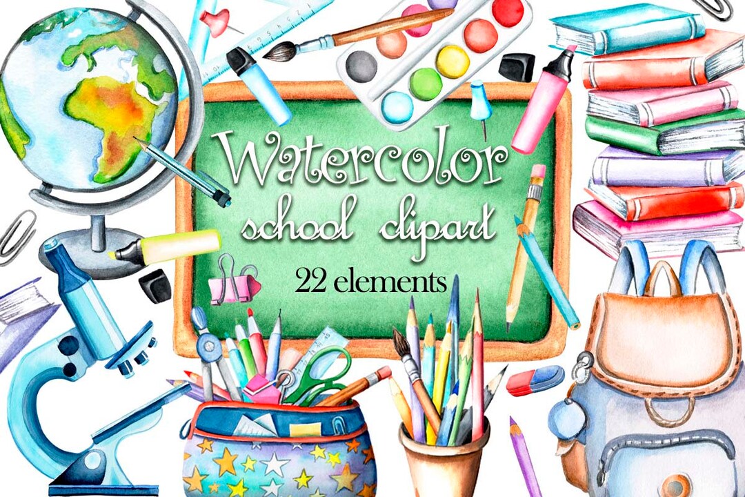 School Png Bundle for Creators, Watercolor School Clipart, Digital ...