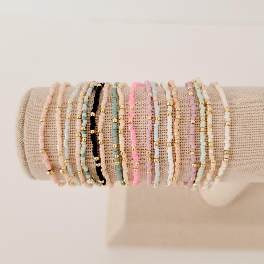 14k Gold Filled Beaded Bracelets, Stretchy Delica Bead Bracelets, Seed ...