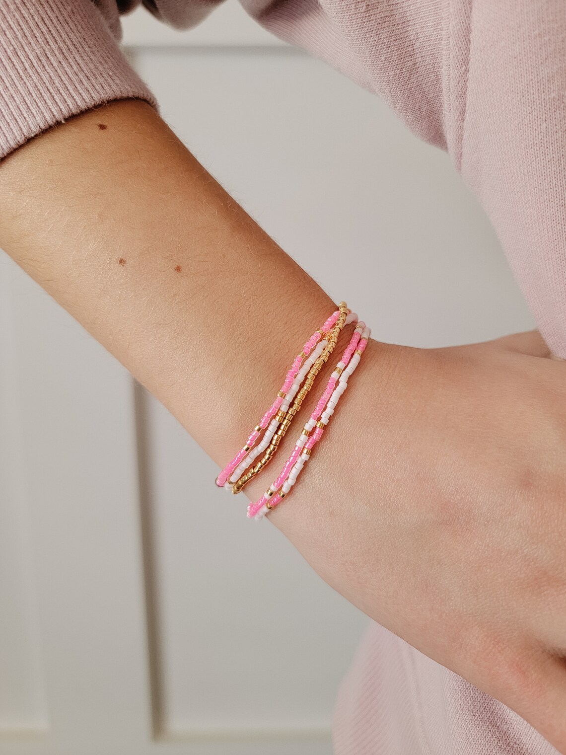 Hot Pink Tiny Bead Bracelet Set, Delica Bracelets, Stacking Stretchy ...