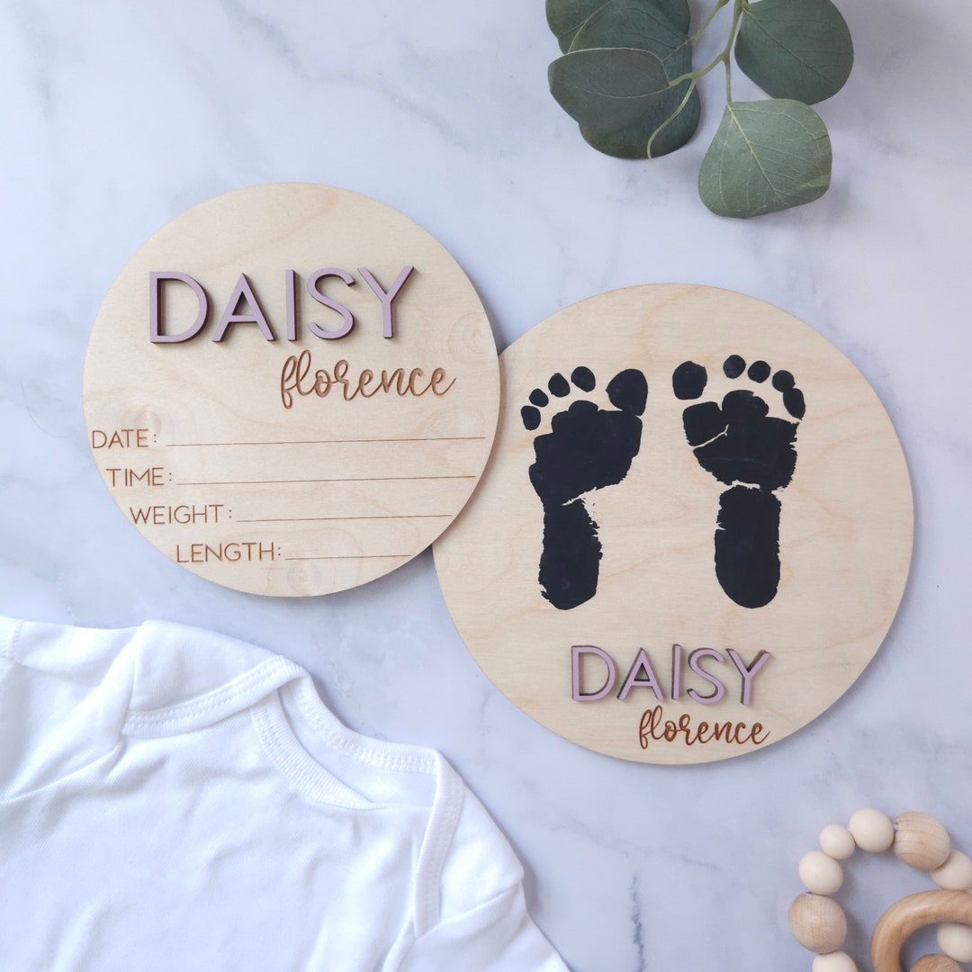Wooden Baby Announcement Sign, Baby Footprint Sign, Baby Birth Stats ...