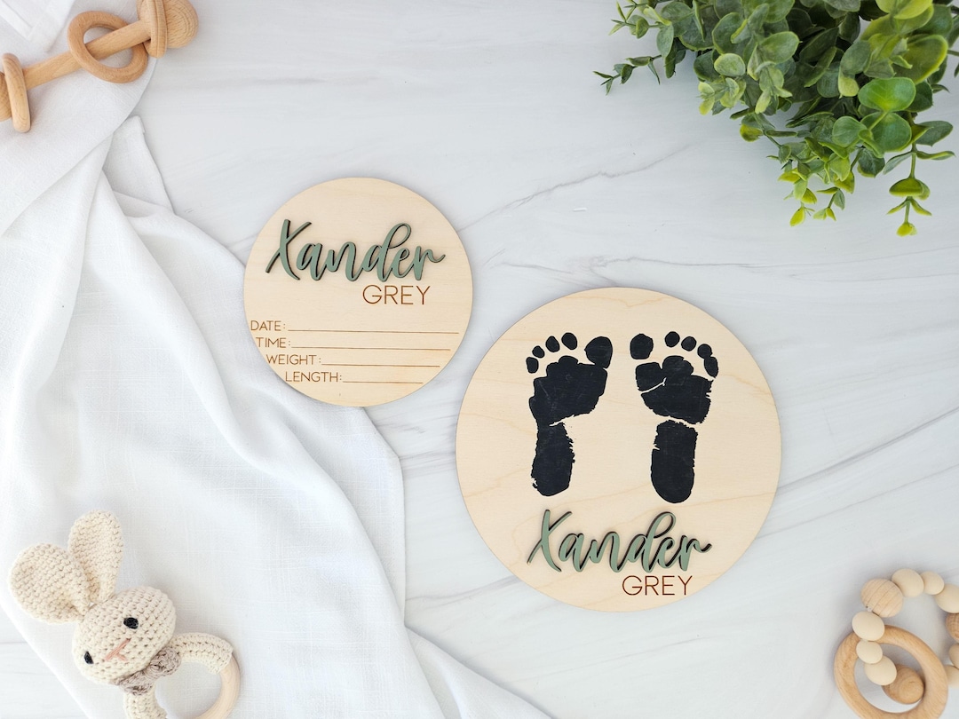 Wooden Baby Announcement Sign | Baby Footprint Sign | Baby Birth Stats ...