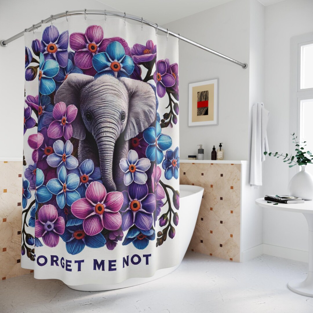 Elephant and Forget Me Not Flowers Shower Curtain Purple Ribbon Floral ...