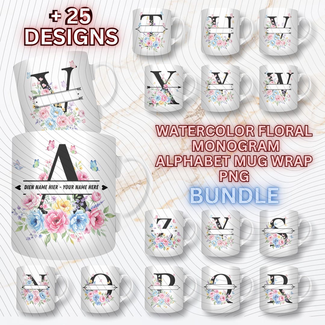 26 Floral Monogram Mug Wrap PNG, Split Letter Alphabet Bundle ...