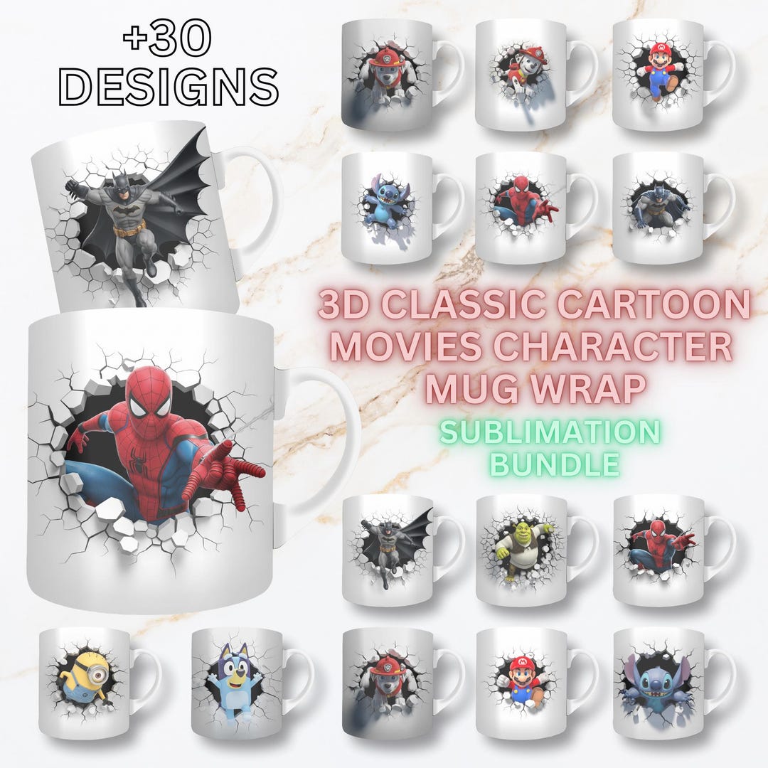 3D Cartoon Character Mug Wrap PNG Mega Bundle, Superhero & Video Game ...
