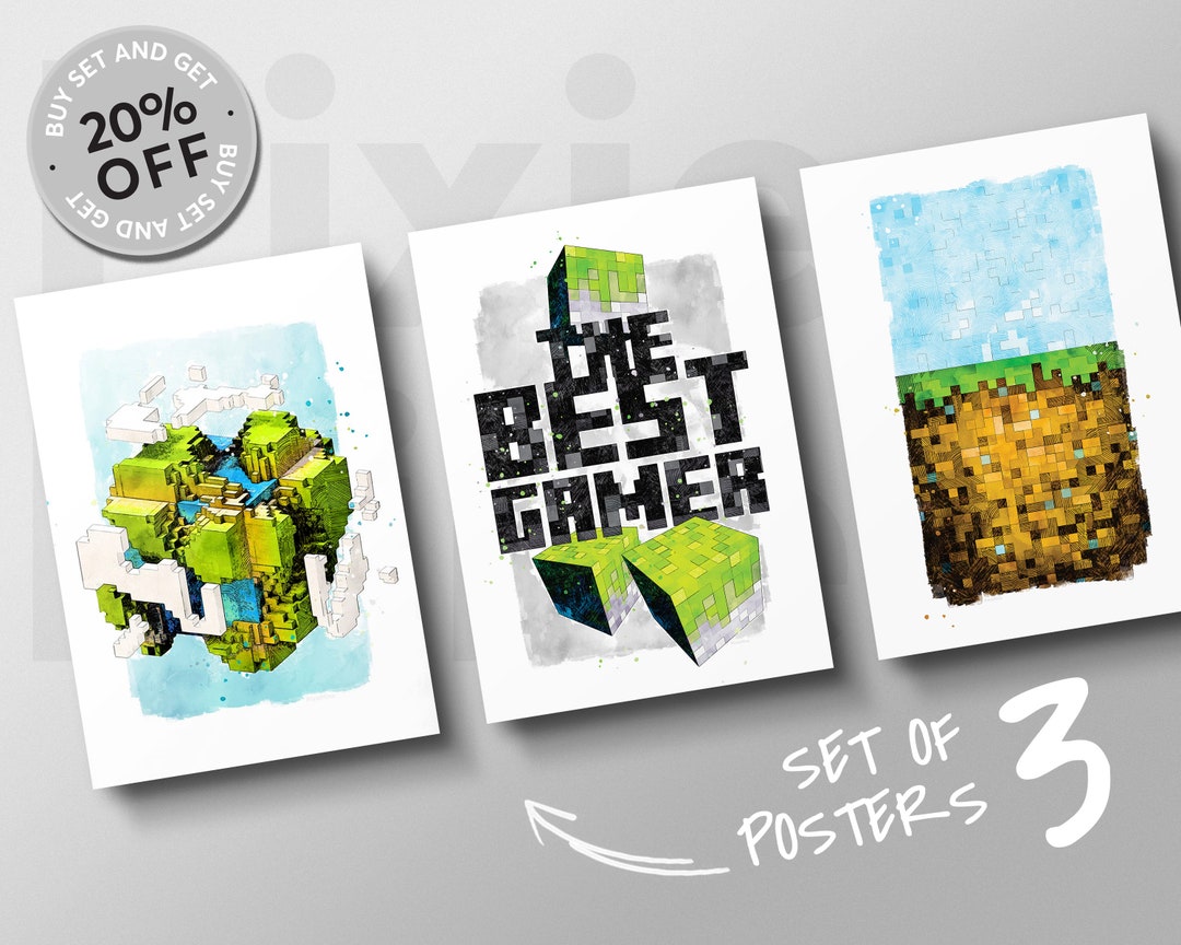 Pixel Game Posters, Cube Lands, Set of 3, Colorful Minecraft Theme ...