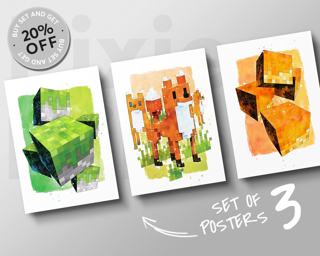 Set of 3 Posters, Pixel Game, Lava Blocks, Fox, Stone, Digital Download ...