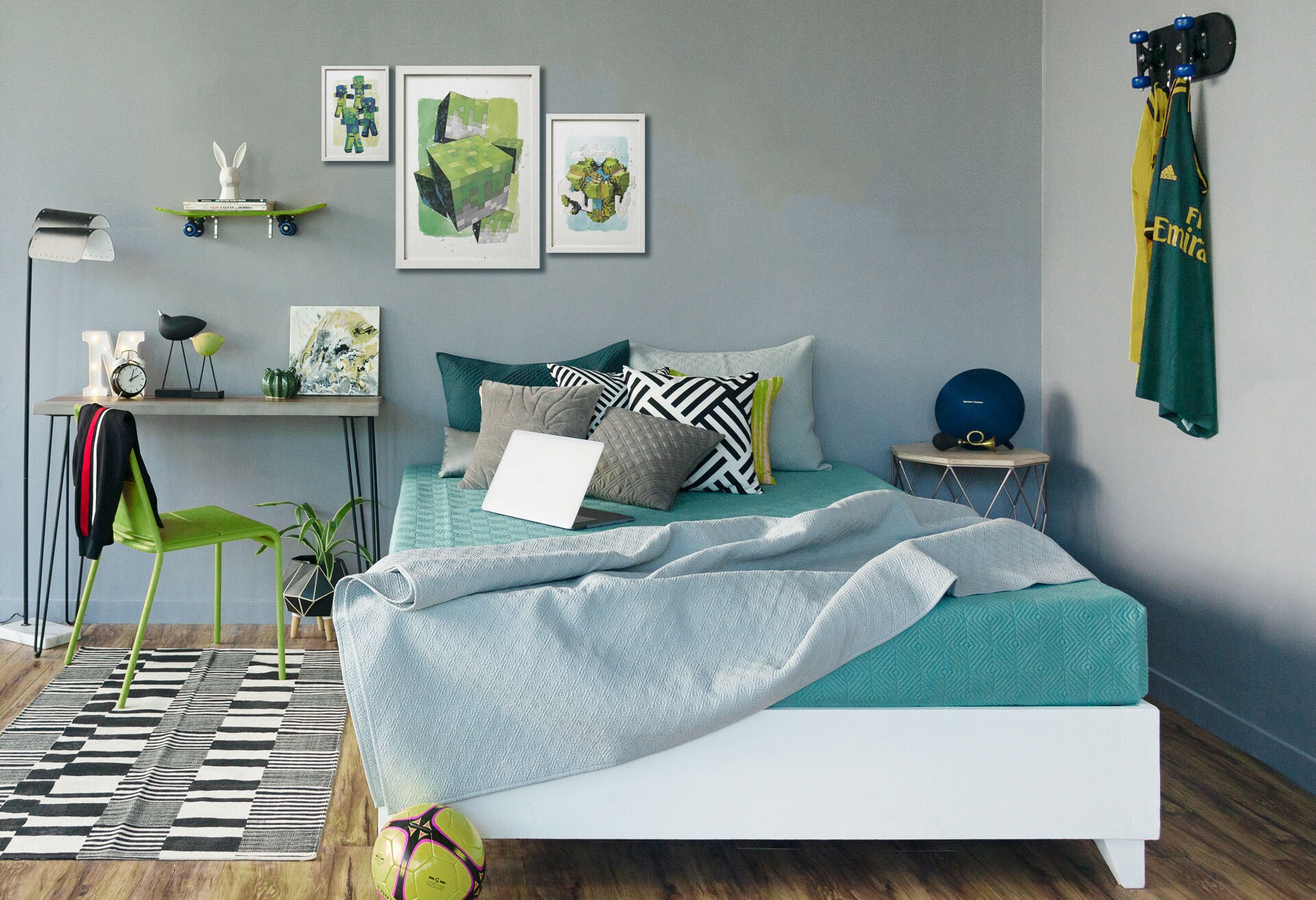 Green Blocks, Pixel Posters, Mine Game Zombies, Set of 3, Digital ...