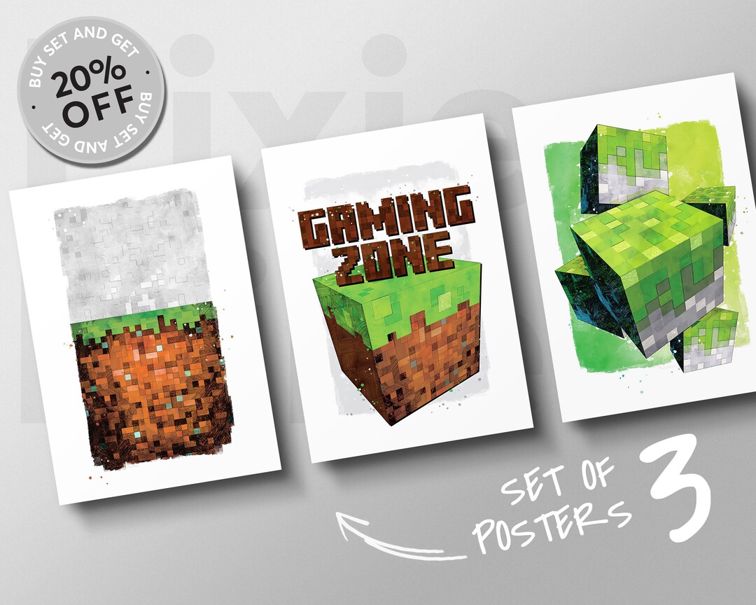 Gamer Posters Set, Mine Game Textures, Set of 3, Colorful Minecraft ...