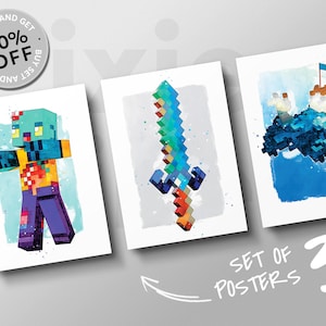 Pixel Art Sword, Island, Zombie, Game Poster, Set of 3, Digital ...