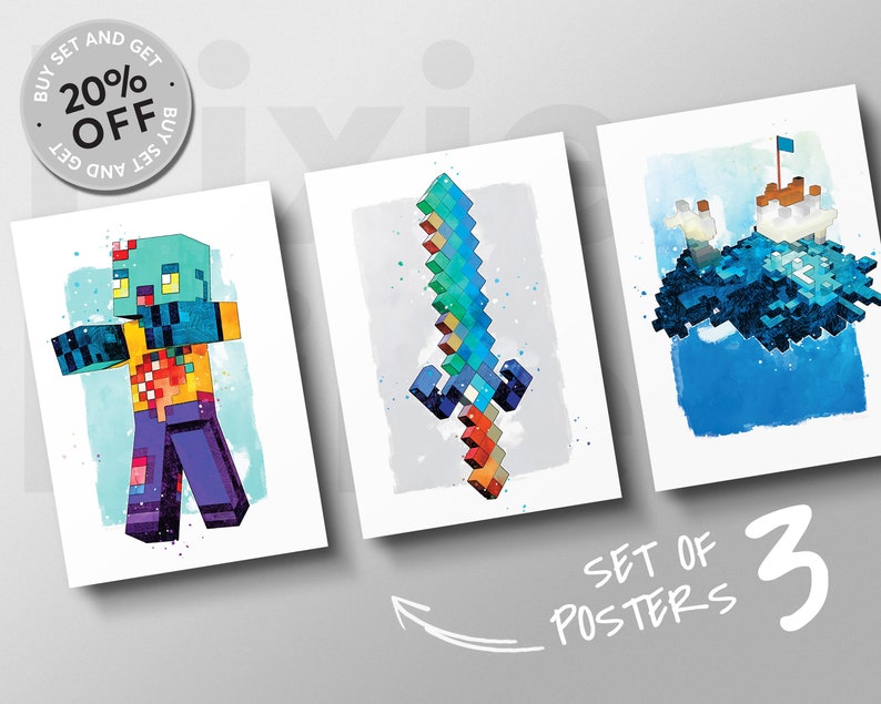 Pixel Art Sword, Island, Zombie, Game Poster, Set of 3, Digital ...