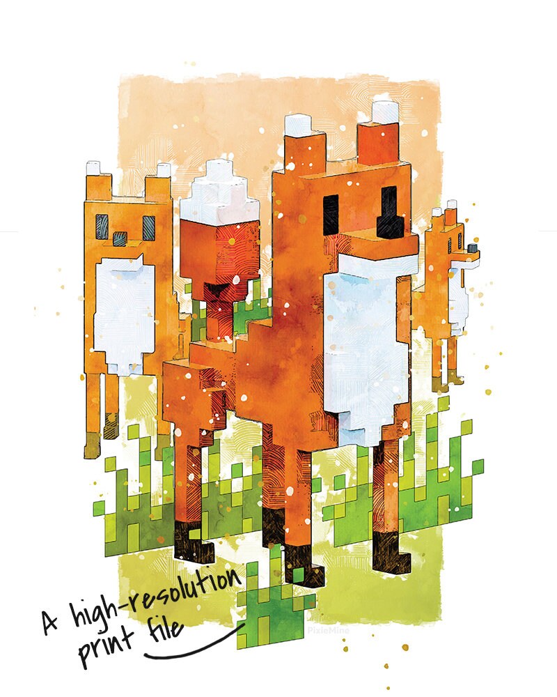 Mine Game Fox, Pixel Game Art, Digital Download, Minecraft Theme Print ...