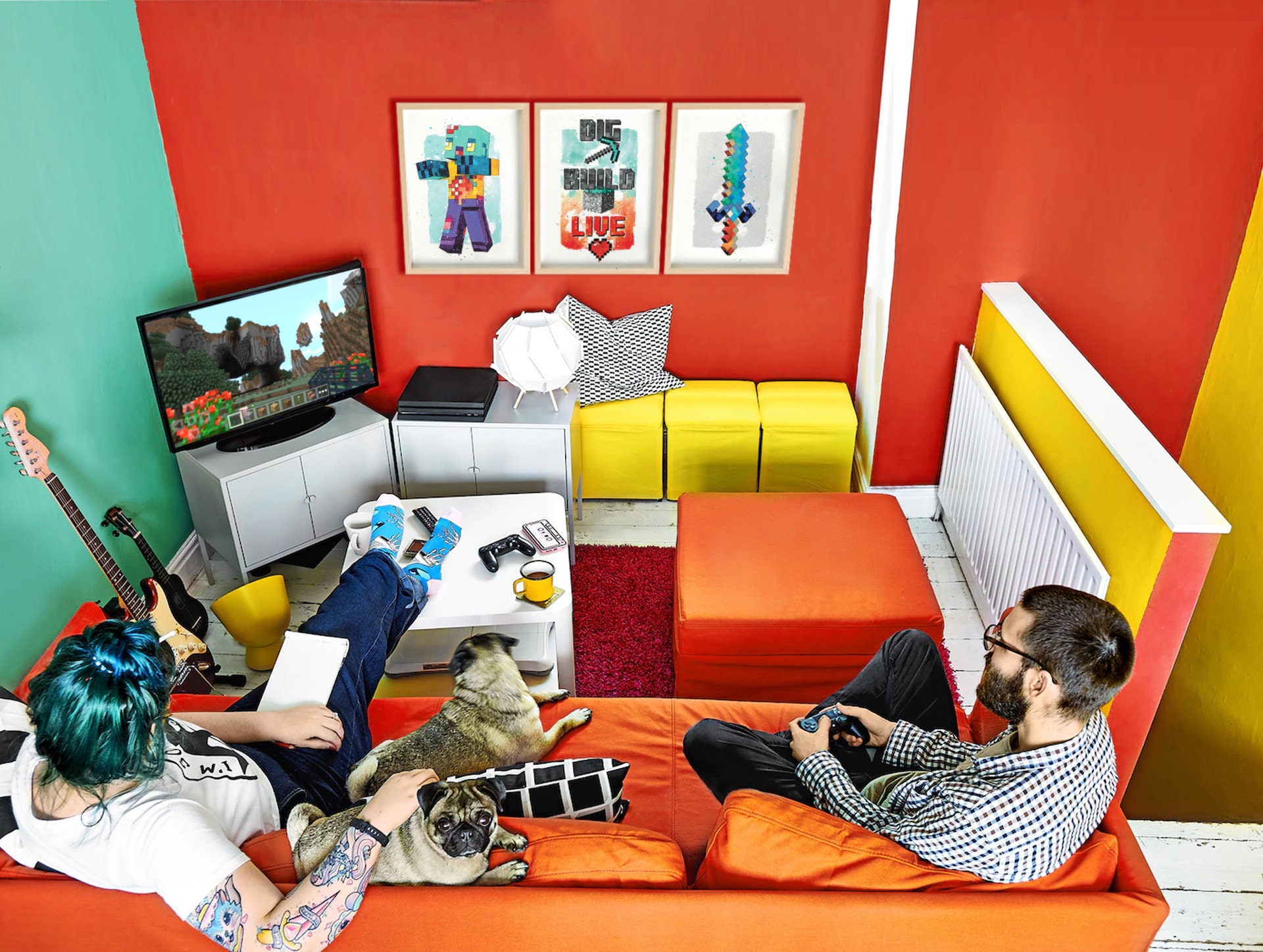 Posters Set, Mine Game Sword and Zombie, Set of 3, Colorful Minecraft ...