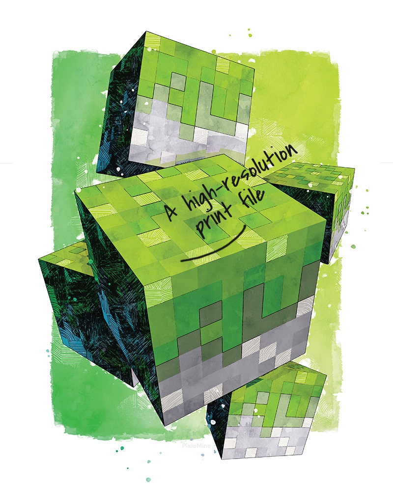 Green Blocks, Pixel Posters, Mine Game Zombies, Set of 3, Digital ...