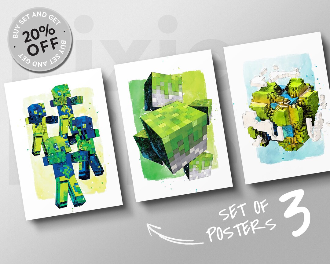 Green Blocks, Pixel Posters, Mine Game Zombies, Set of 3, Digital ...