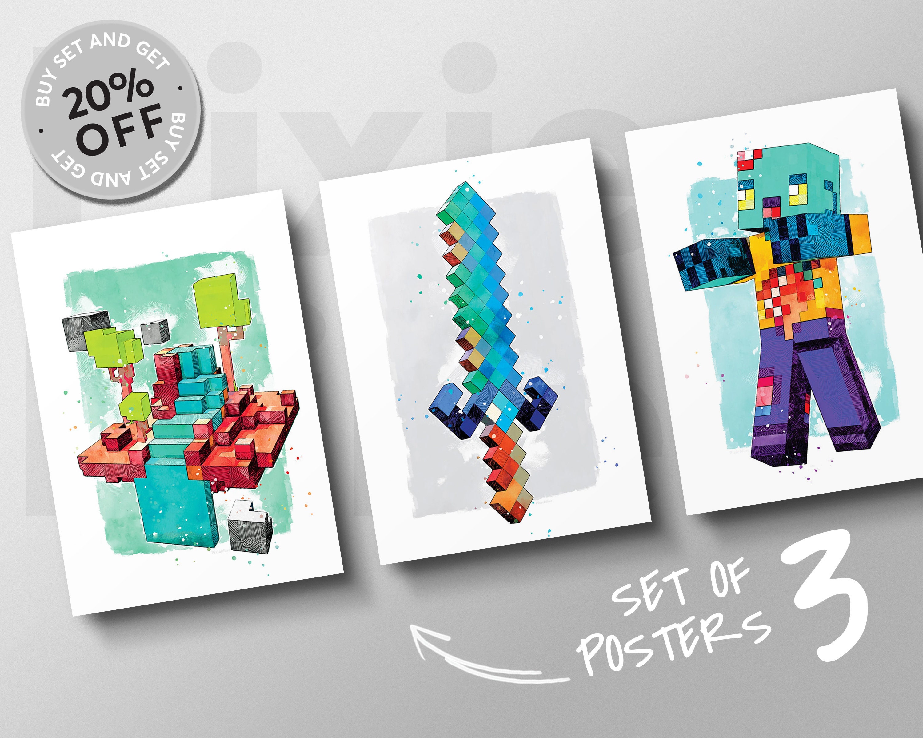 Posters Set, Mine Game Sword, Island, Zombie, Set of 3, Digital ...