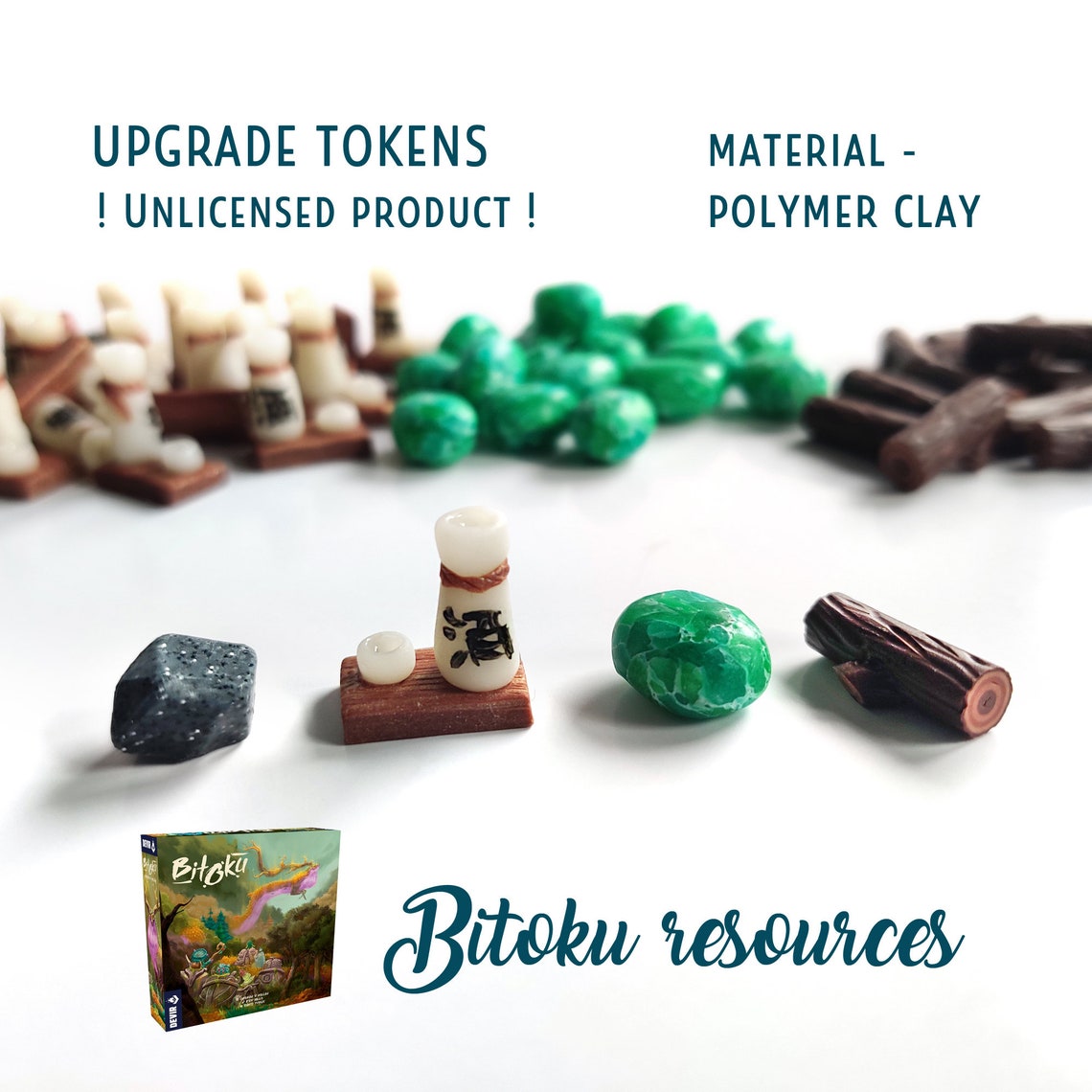 Bitoku Game Resources. Jade, Wood, Stone, Sake Tokens. Material ...