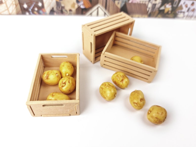 Miniature Polymer Clay Potatoes and Wooden Crates: Dollhouse Food ...