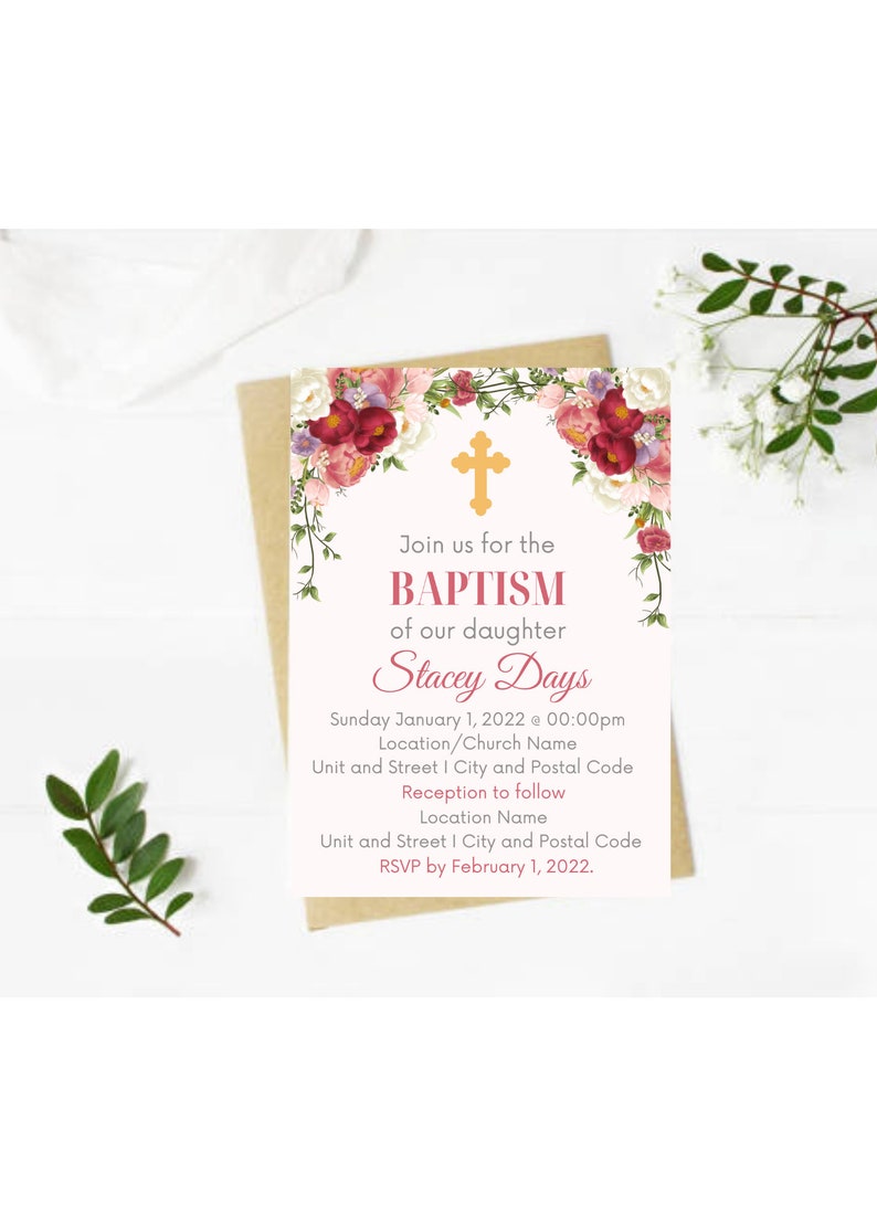 Pink Baptism Invitation Template - Etsy