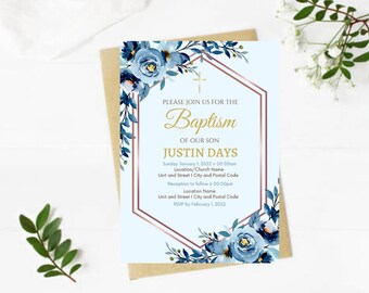 Baptism Invitation Template Invite Printable Dusty Blue - Etsy