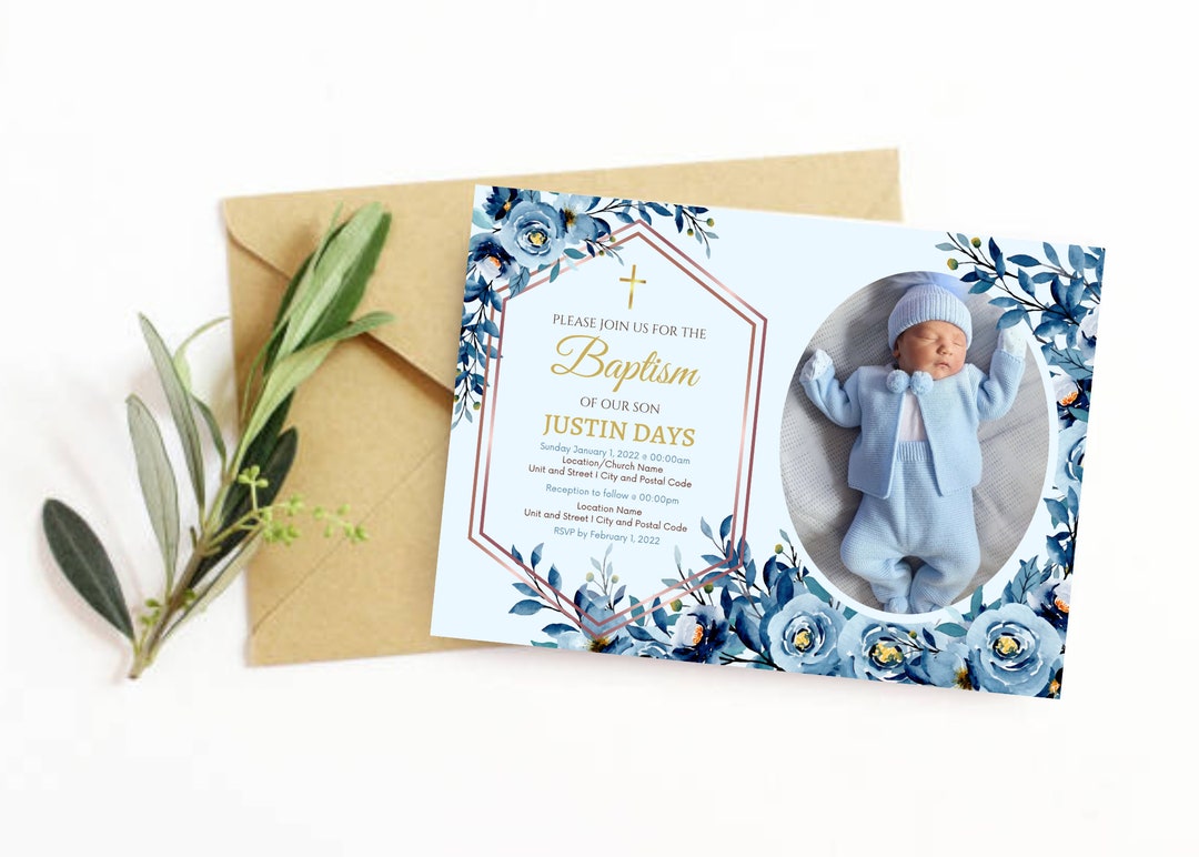 Baby Blue Baptism Invitation W/image Template - Etsy