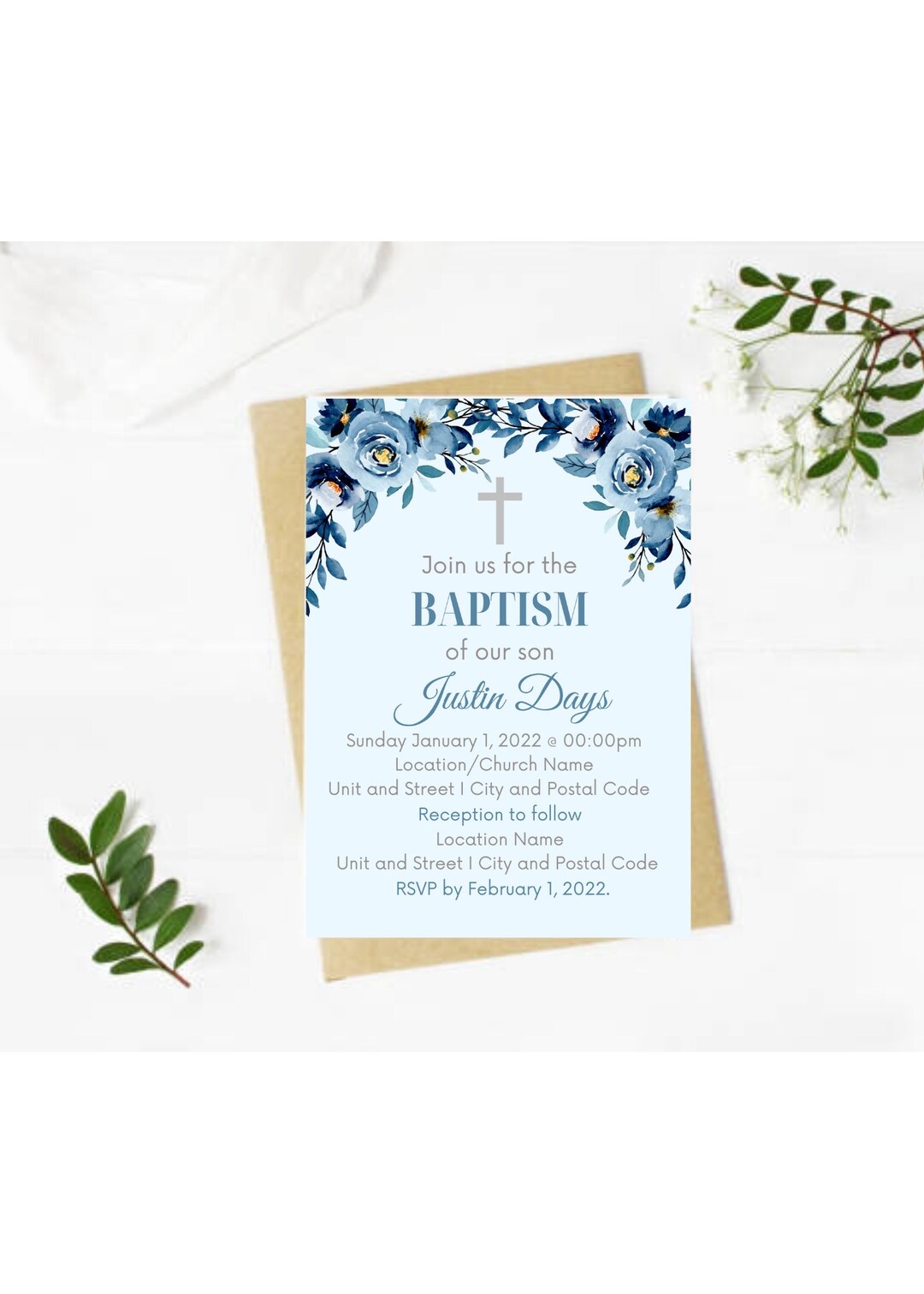 Blue Baptism Invitation Template - Etsy