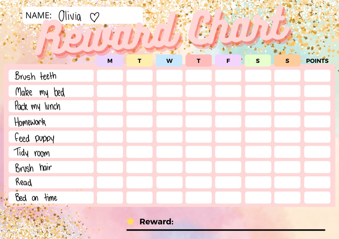 Girls Reward Chart, Girls Chore Chart, Rainbow Reward Chart, Chore List ...