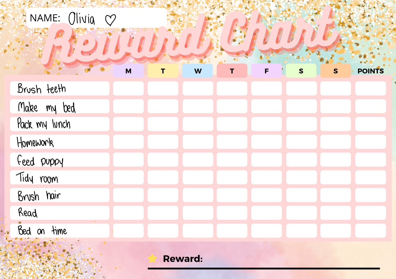 Girls Reward Chart, Girls Chore Chart, Rainbow Reward Chart, Chore List ...