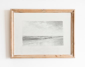 Vintage Seascape Drawing Charcoal Coastal Print Antique Beach Sketch ...