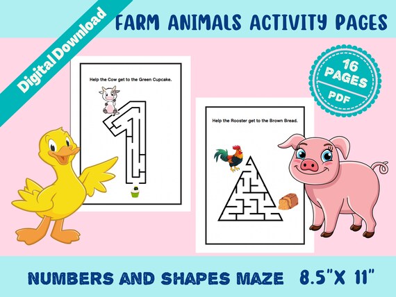 16 Farm Animal Numbers and Shapes Maze Instant Download | Etsy
