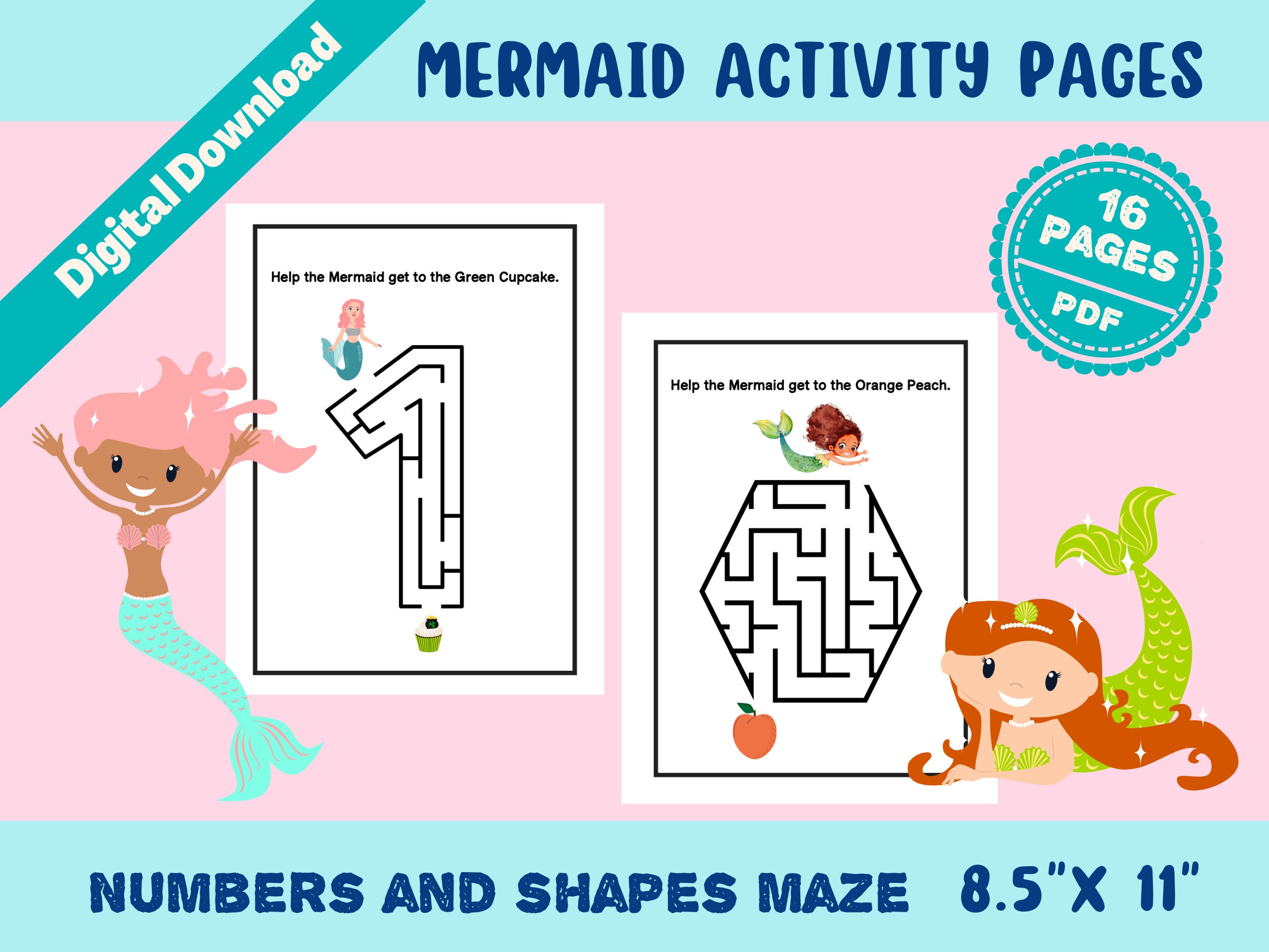 16 Mermaid Numbers & Shapes Maze Instant Download Digital - Etsy
