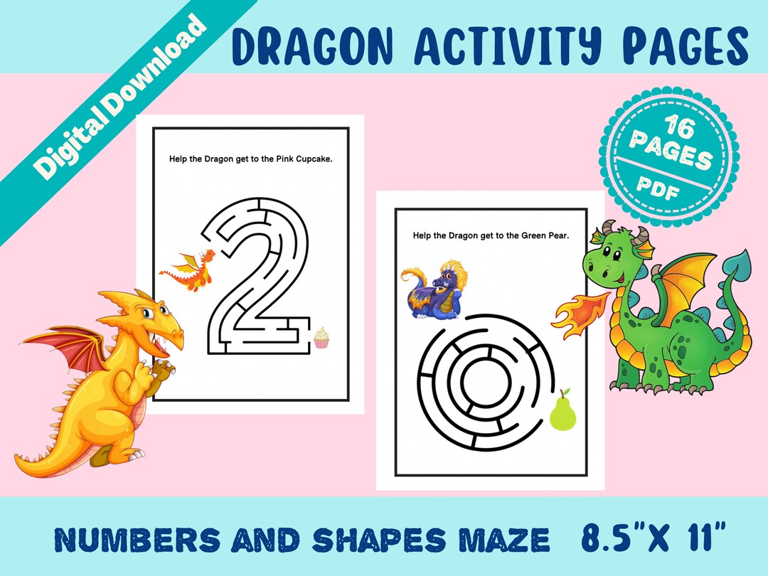 16 Dragon Numbers and Shapes Maze Instant Download Digital Printable ...