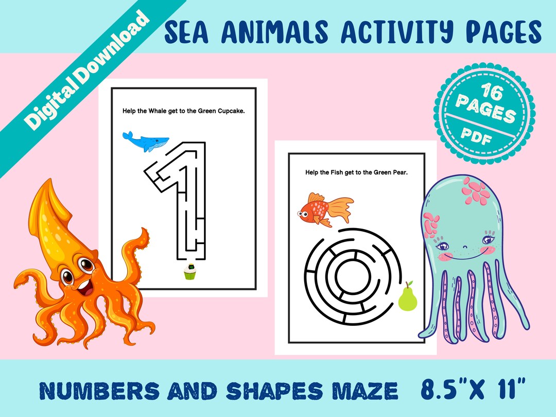 16 Sea Animals Numbers and Shapes Maze Instant Download Printable Pages ...