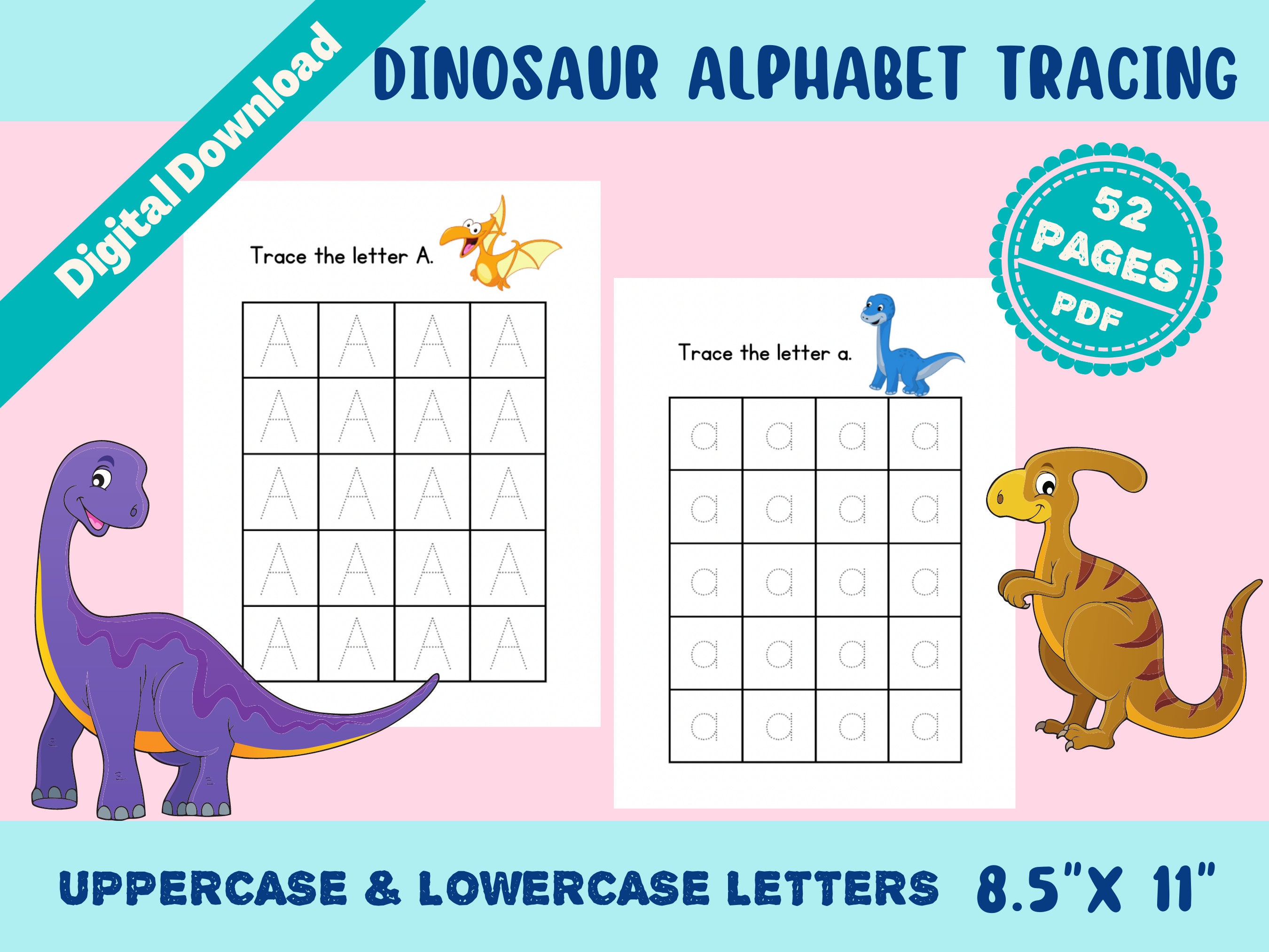 52 Dinosaur Alphabets Tracing Pages Instant Download - Etsy Canada