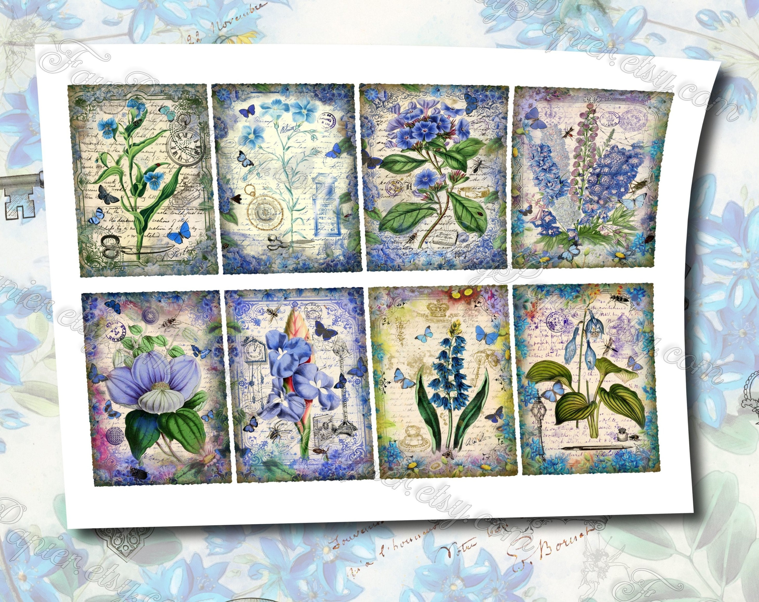Blue Flowers ATC Set of 40 Cards for Junk Journals With - Etsy