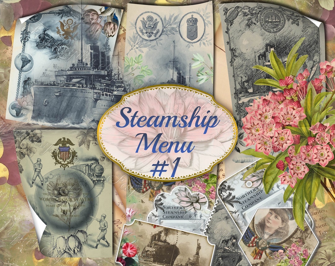 Steamship Menu 1 Set of 50 Vintage Style Tags ATC Cards Old Images ...
