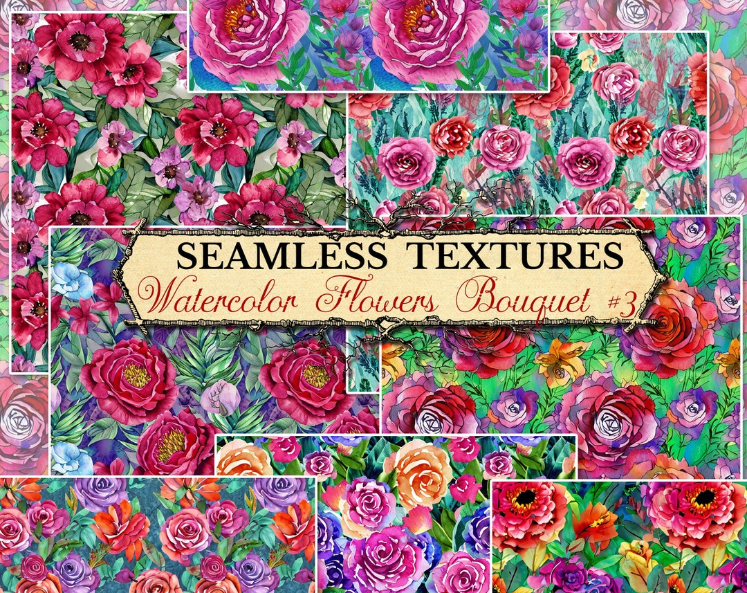 Watercolor Flowers Bouquet 3 Set of 8 Tileable Seamless 12x12 Inch ...