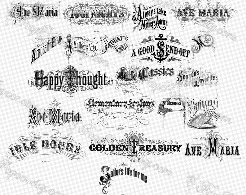 PNG DECORATED WORDS 6 Set of 109 Png Files Classic Happy Golden Musical ...