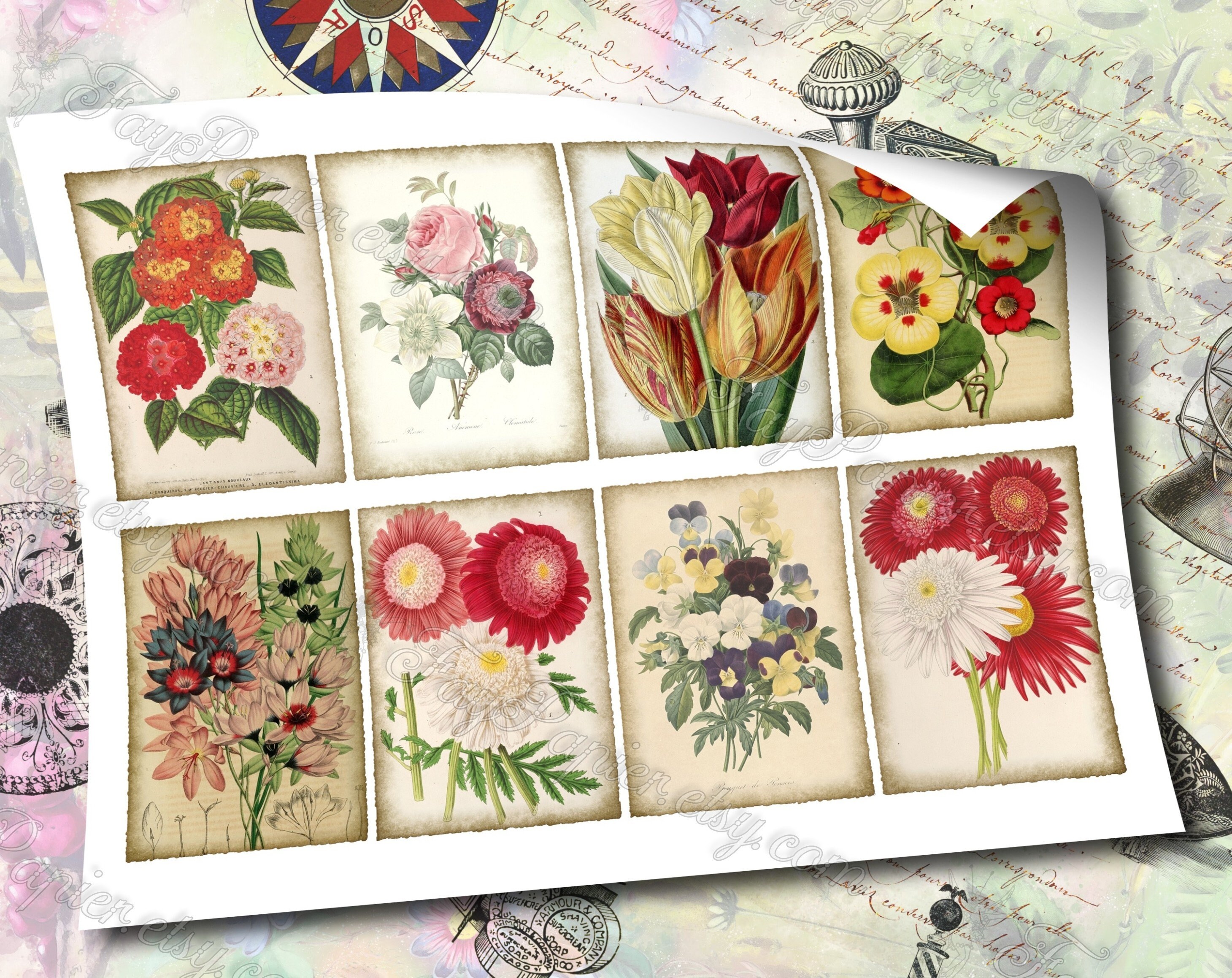 Flower Bouquets 3 Set of 200 ATC Cards in JPG Format With Antique ...