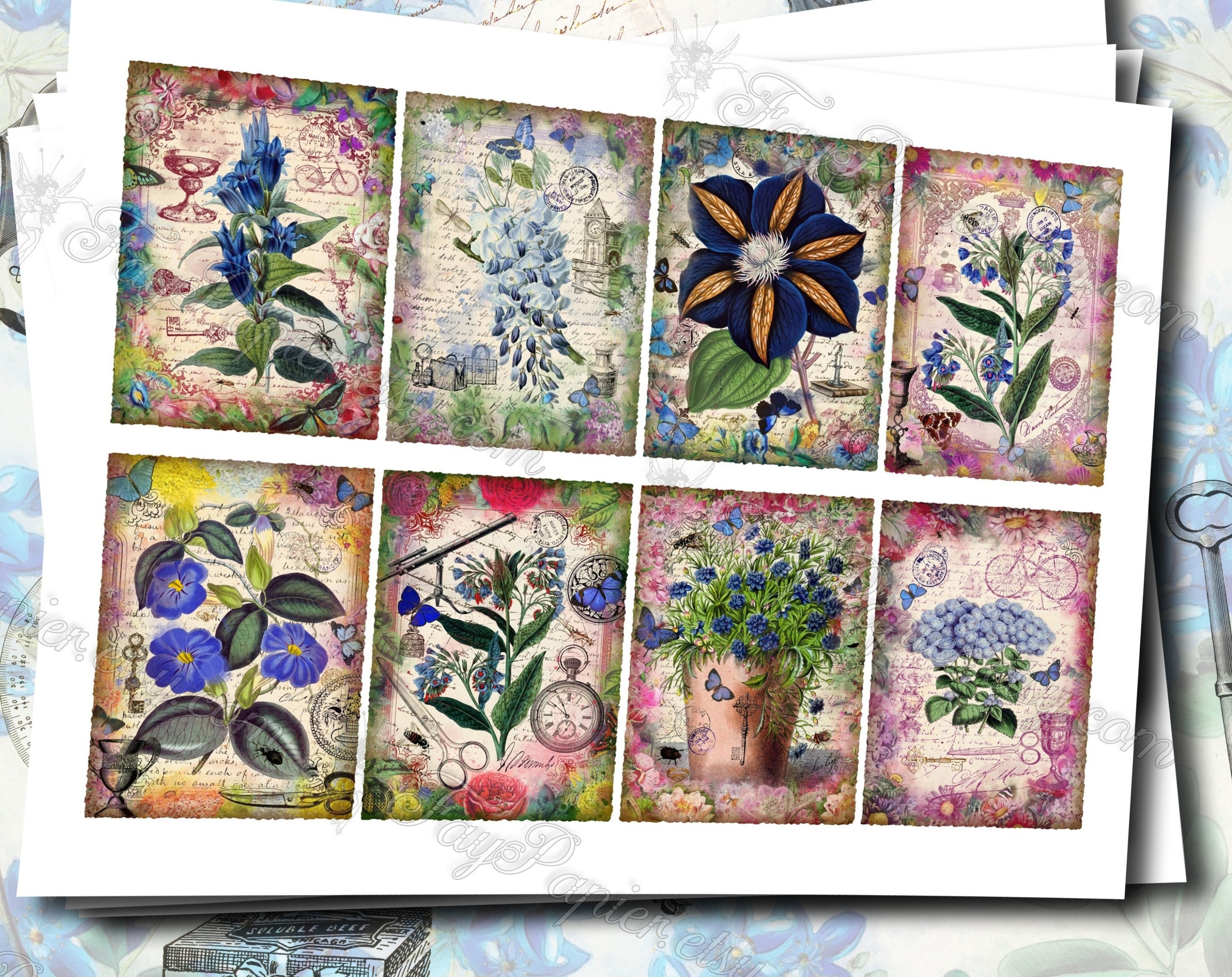 Blue Flowers ATC Set of 40 Cards for Junk Journals With - Etsy