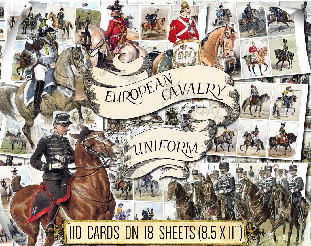 European Cavalry Uniform Set of 110 Digital Vintage Cards on 18 Sheets ...