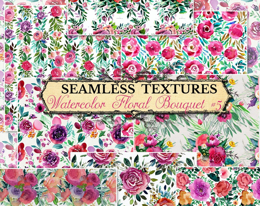 Watercolor Floral Bouquet 5 Set of 8 Tileable Seamless 12x12 Inch ...
