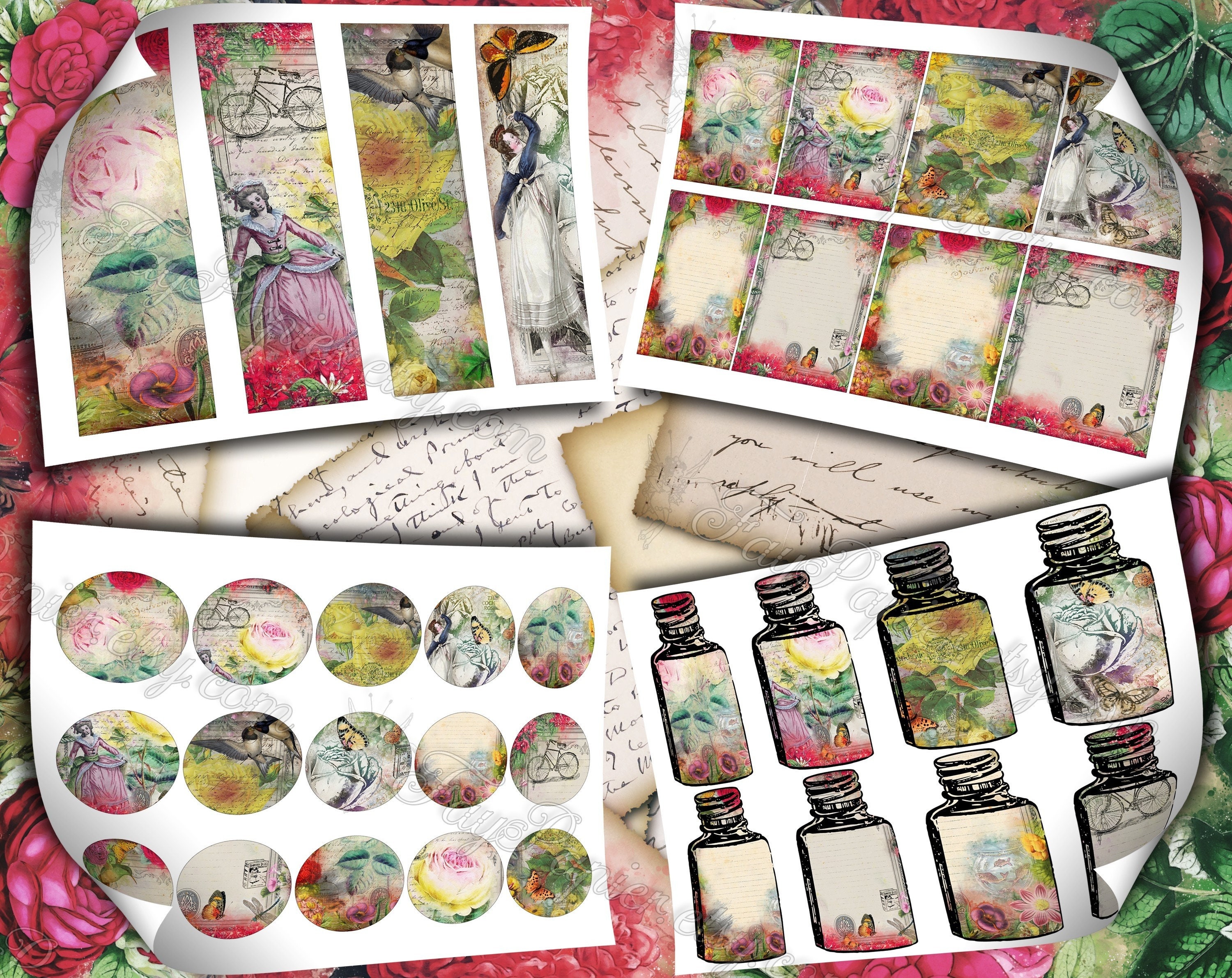 Cochet Roses Set of 48 Junk Journal Sheets With Digital Collages of ...