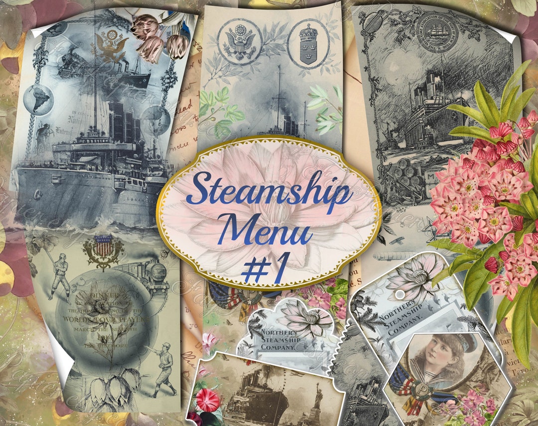 Steamship Menu 1 Set of 50 Vintage Style Tags ATC Cards Old Images Pages 8.5x11 Digital Papers ...