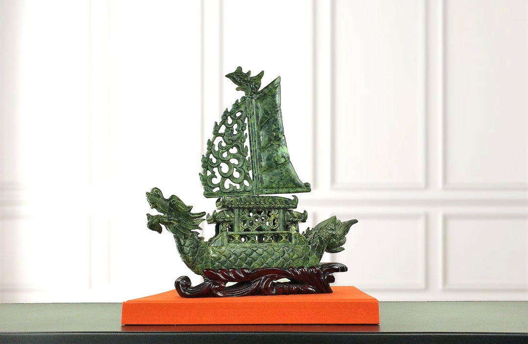 Chinese Carved Green Jade Dragon Boat With Stand, Grand Millennial Home ...