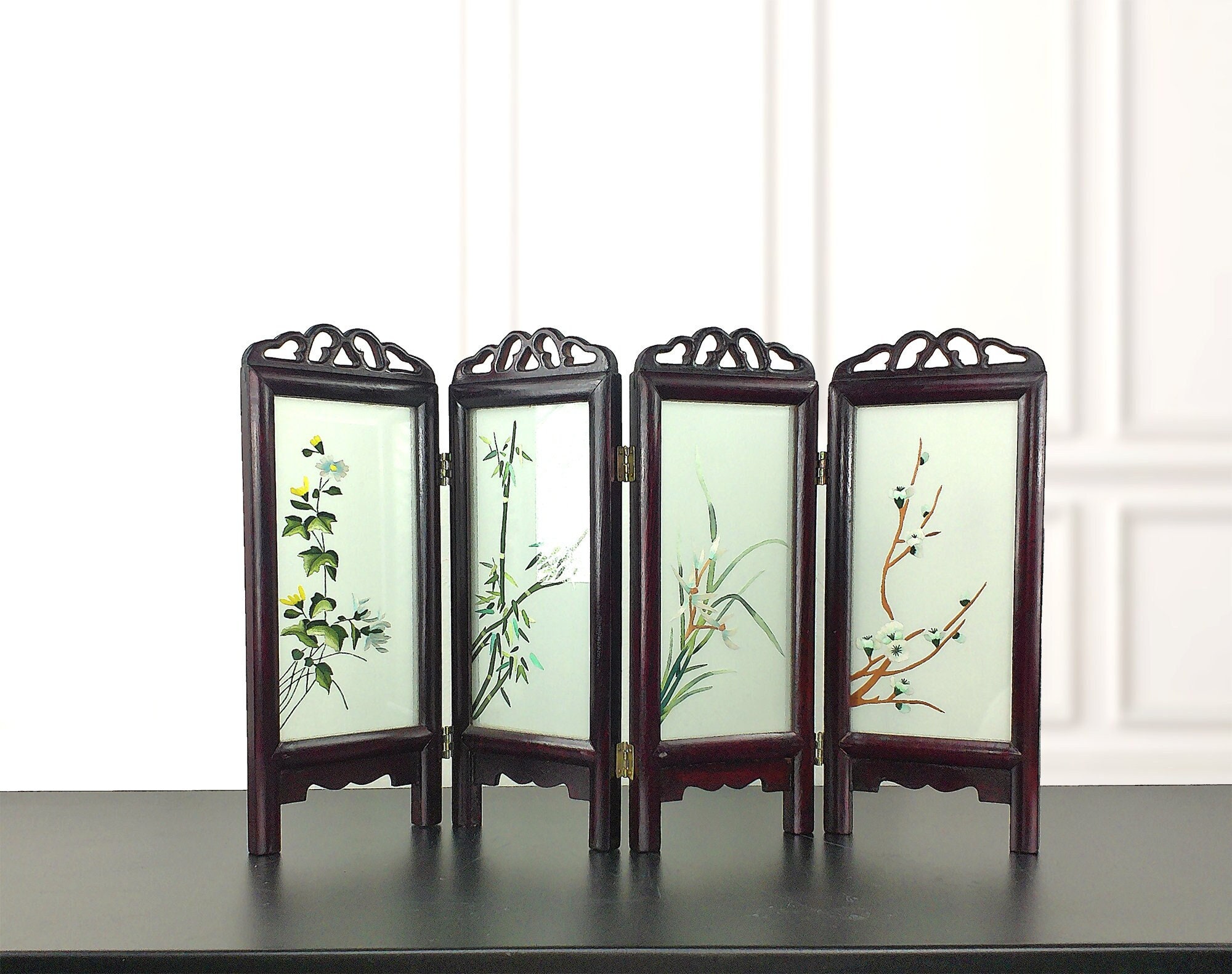 Chinese Glass Folding Screen, Floral Embroidered Panels, Chinoiserie ...