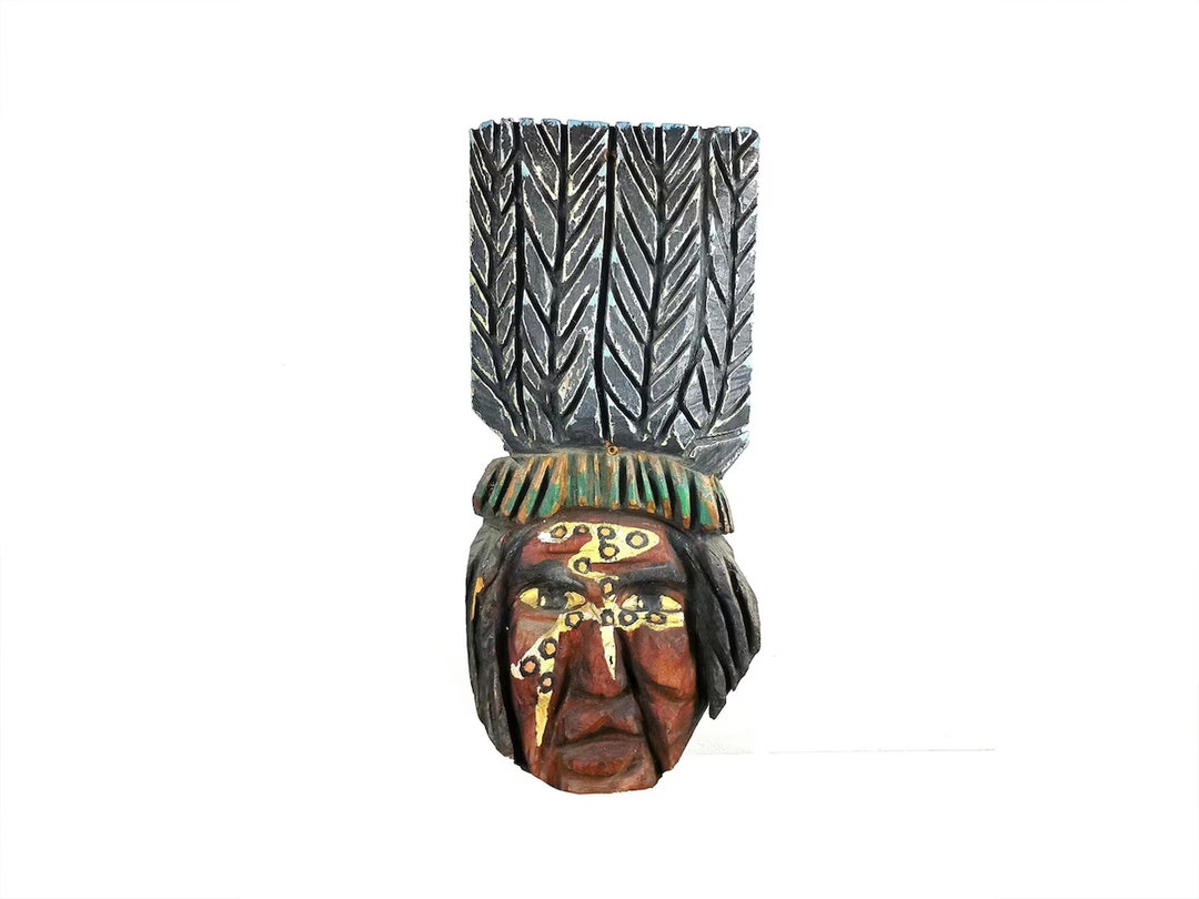 Native American Vintage Wooden Folk Art Indian Chief Portrait Signed ...